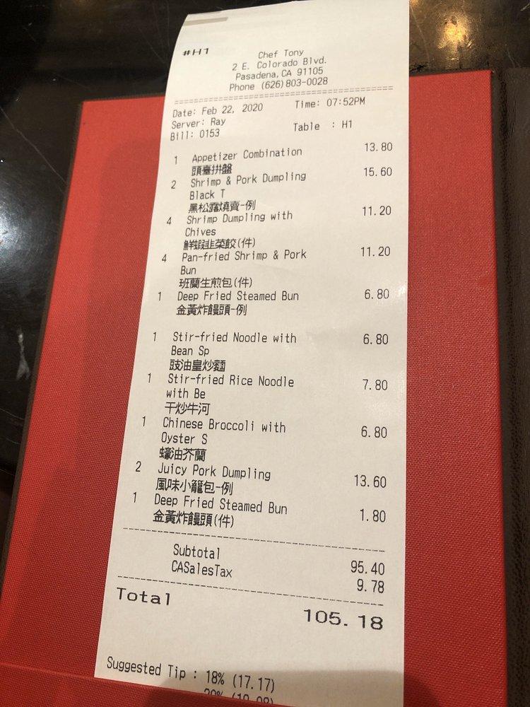Menu at Chef Tony restaurant, Pasadena