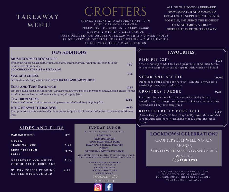 Menu at Crofters Restaurant, Hull