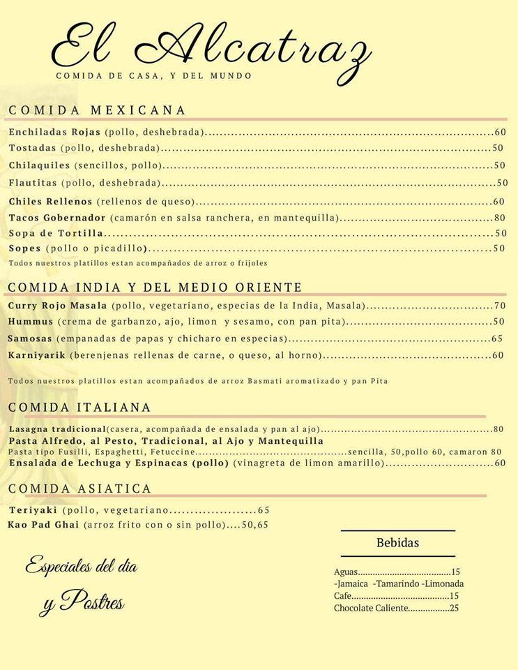 Menu at El Alcatraz restaurant, Tijuana