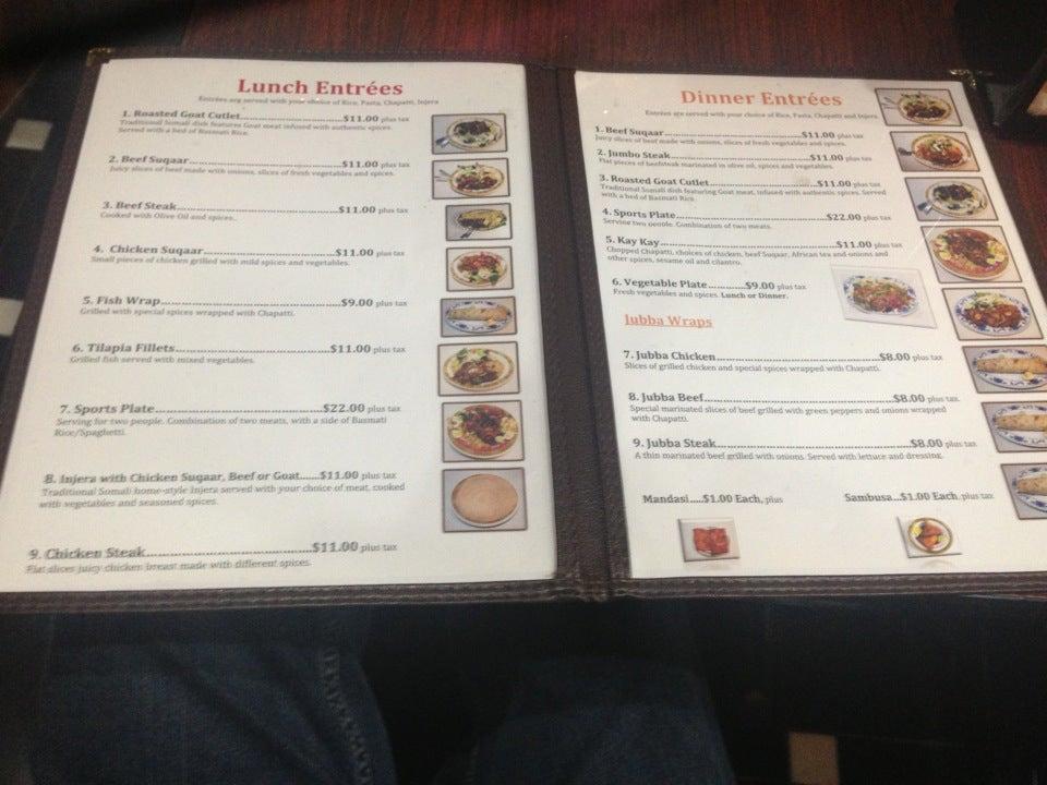 Menu at Jubba Somali Restaurant, San Jose