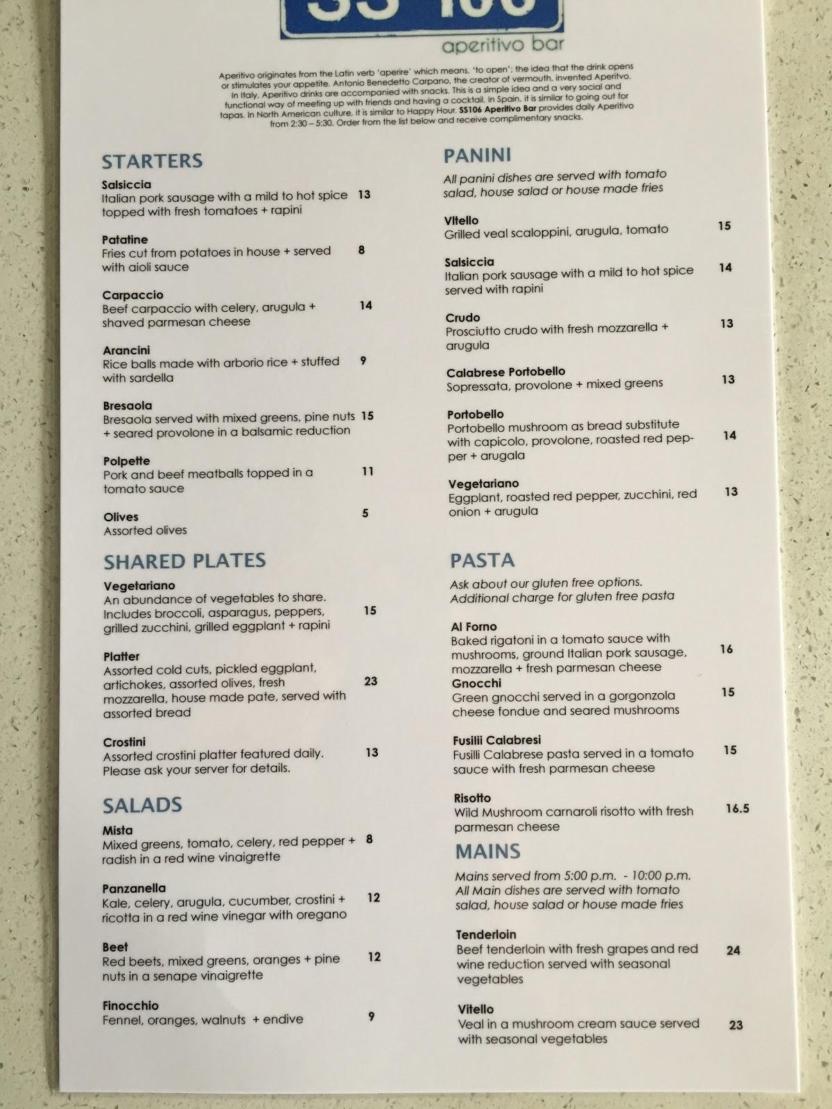 Menu at SS106 Aperitivo Bar, Calgary