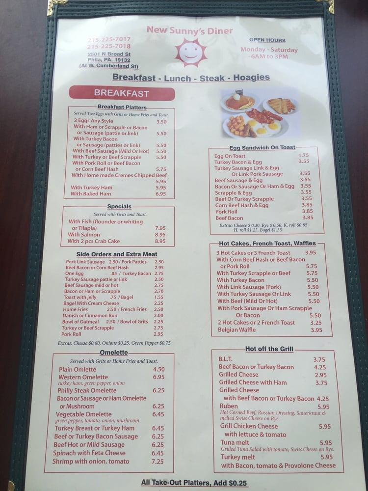 Menu at Sunny's Diner, Philadelphia, N Broad St