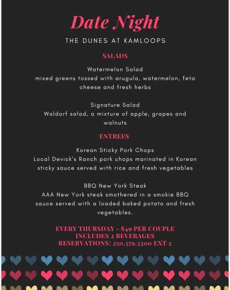 Menu at The Dunes at Kamloops club, Kamloops