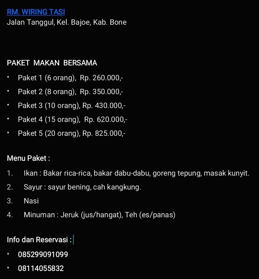 Menu at WIRING TASI, RUMAH MAKAN DAN CAFE, Lonrae