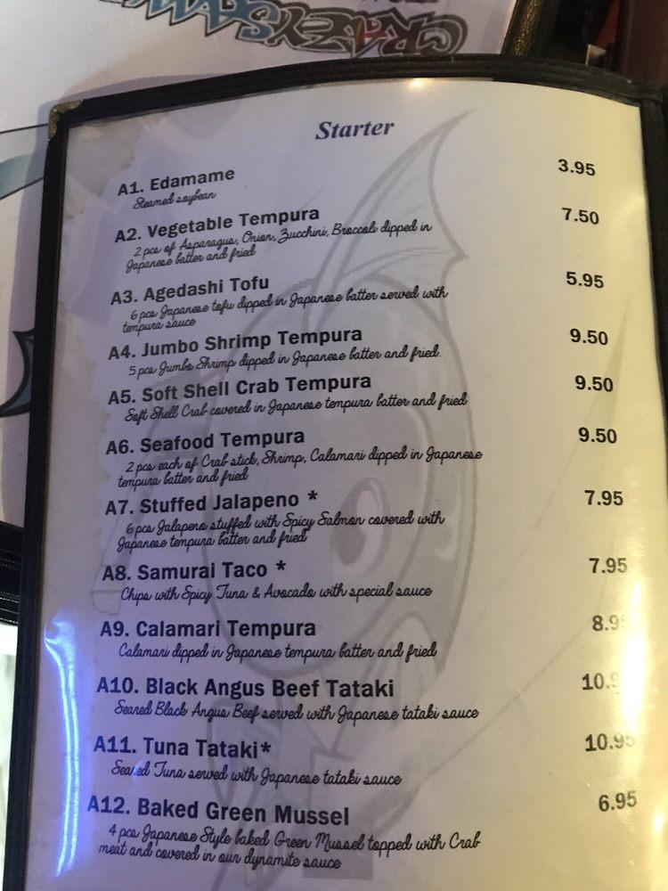 Menu at Crazy Samurai restaurant, Hot Springs, Central Ave