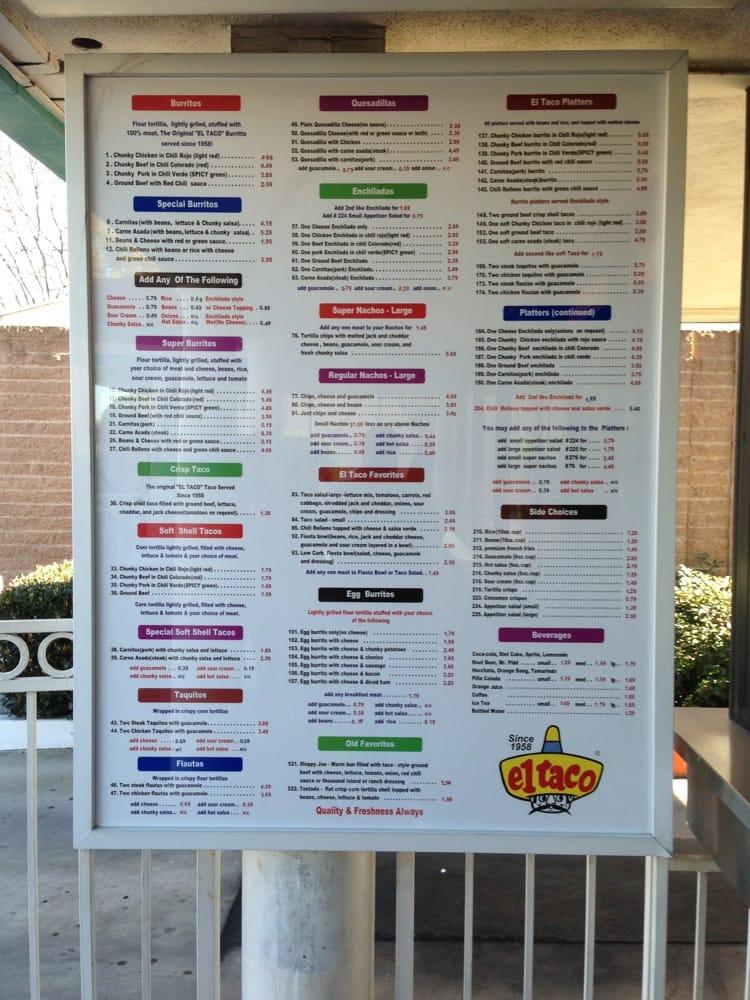 Menu at El Taco restaurant, Downey, Florence Ave