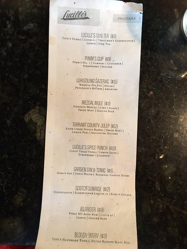 Menu at Lucille's restaurant, Houston