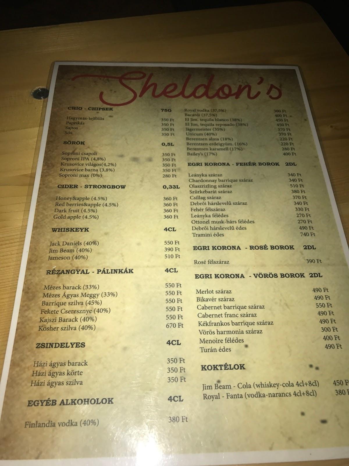 Menu at Sheldon's pub & bar, Debrecen, Simonffy u. 21