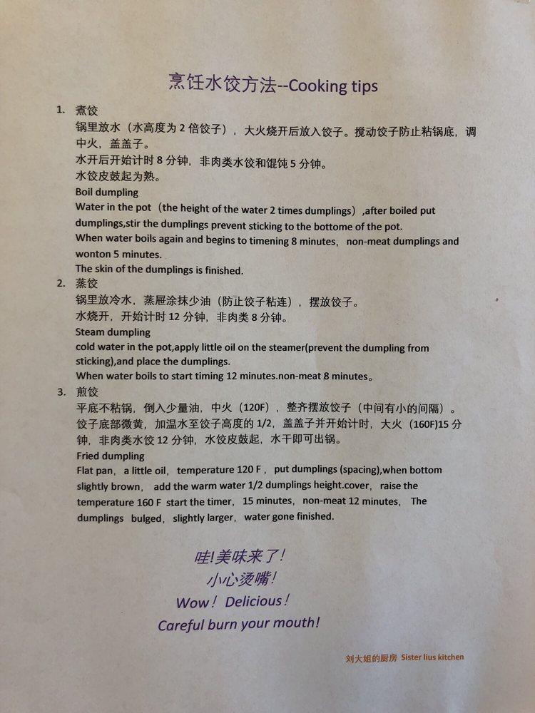 Menu at Sister Liu's Kitchen restaurant, Durham