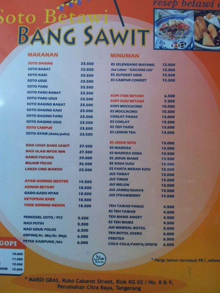 Menu at Soto Betawi Bang Sawit Citra Raya restaurant, Tangerang
