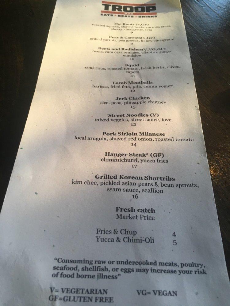 Menu at Troop pub & bar, Providence