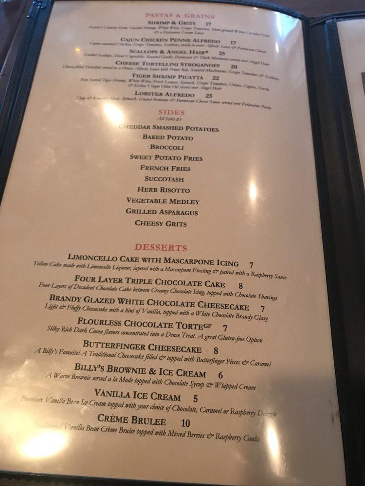 Menu at BILLY’S steakhouse, Roanoke