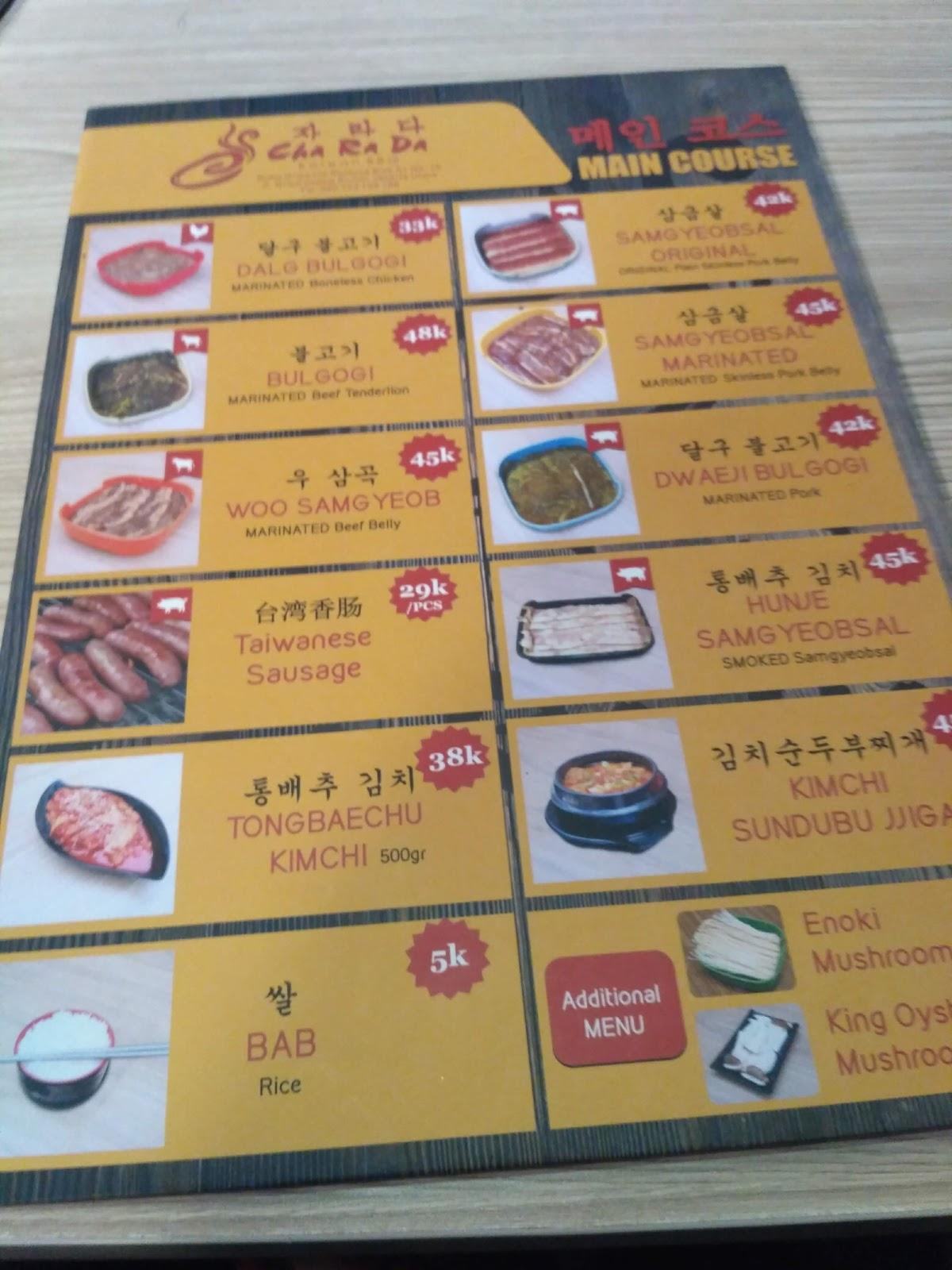 Menu at Charada Sunter restaurant, North Jakarta