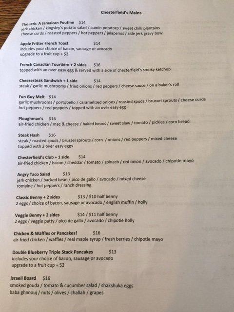 Menu au Chesterfield's Gastro Diner restaurant, Ottawa
