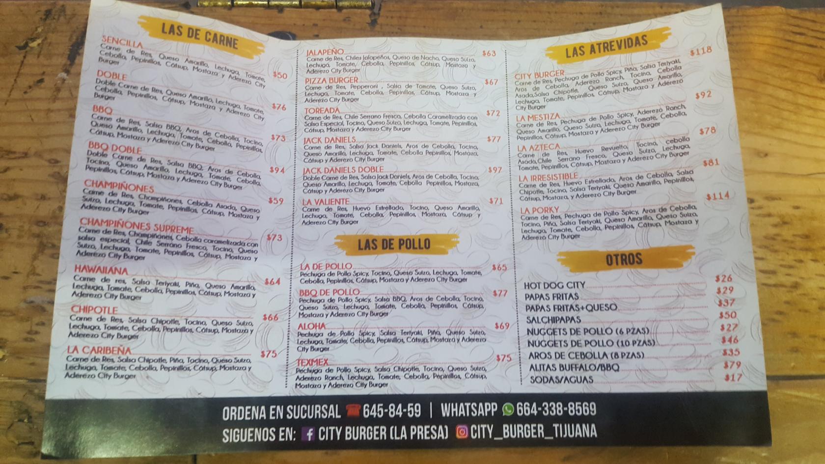 Carta del restaurante City Burger (La Presa), Tijuana, Av. De Las ...