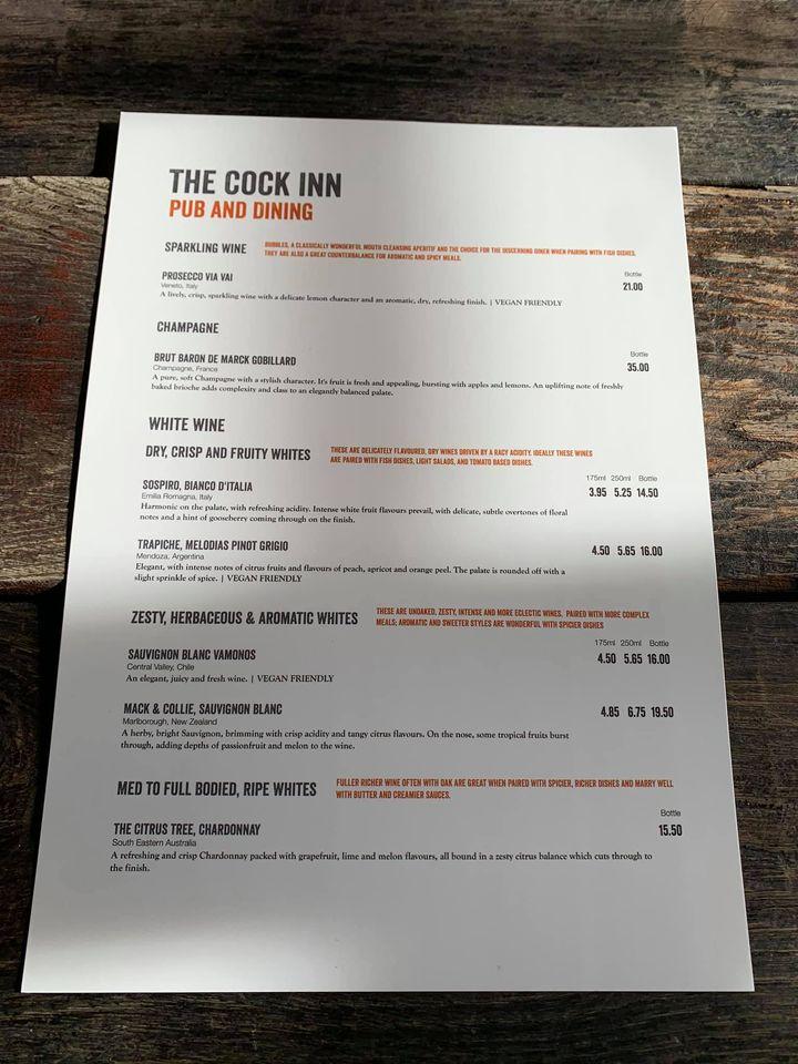Menu at Cock Inn pub & bar, Peterborough