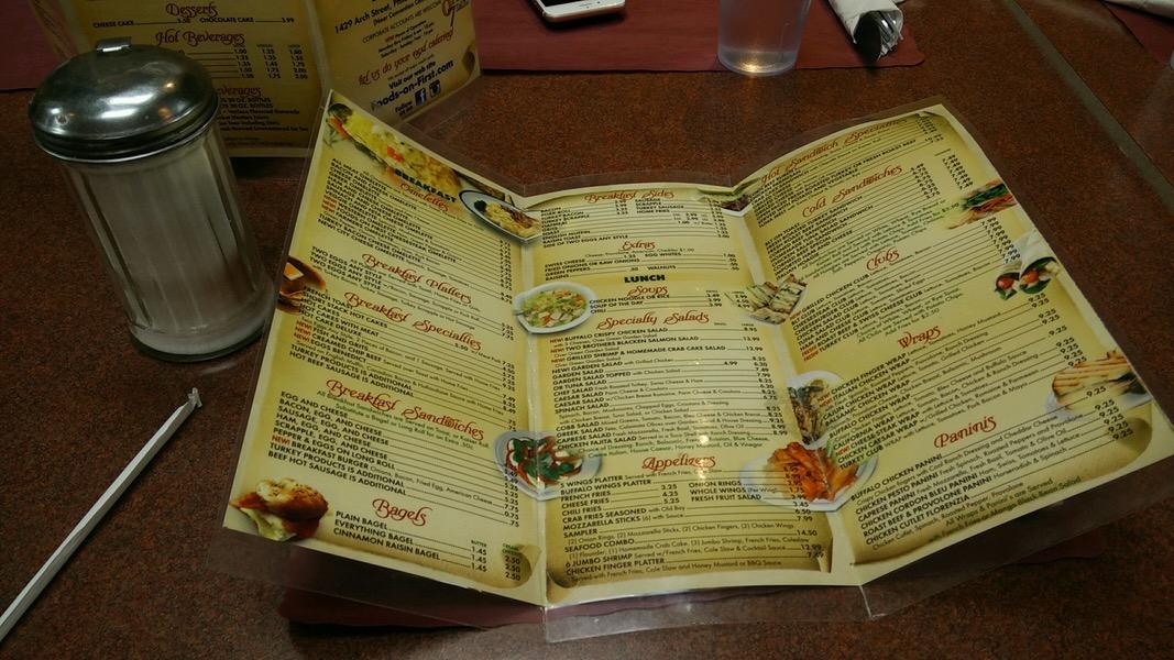 Menu at Foods On First Diner restaurant, Philadelphia, Arch St