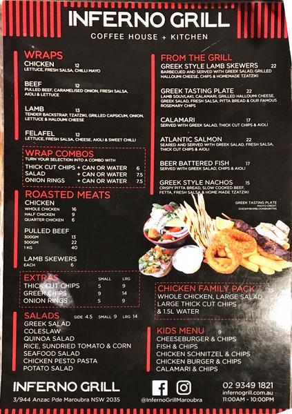 Menu at Inferno Grill Maroubra fast food, Maroubra