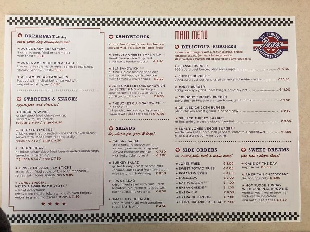 Menu at Jones Original American Diner restaurant, Munich