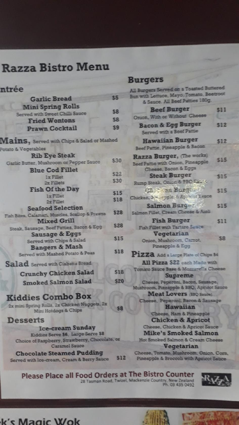 Menu at Razza Bar, Twizel