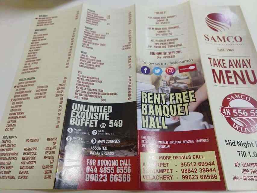 Menu at Samco, Chennai