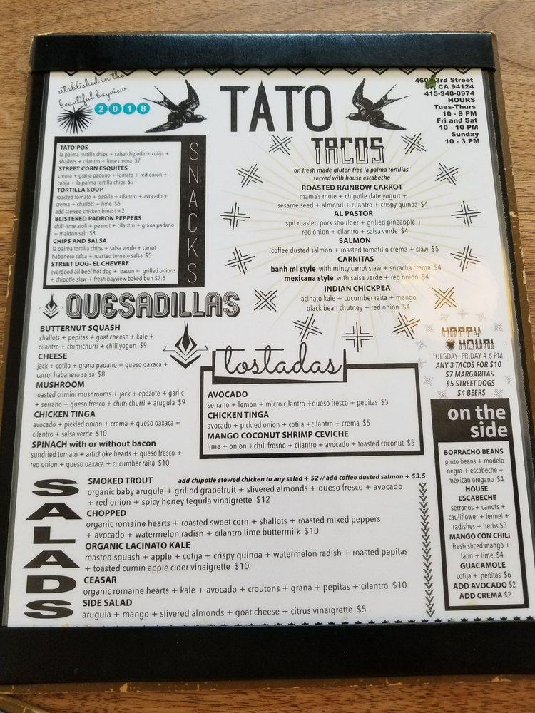 Carta del restaurante Tato, San Francisco