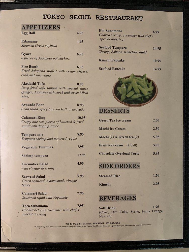 Menu at Tokyo Seoul restaurant, Pullman