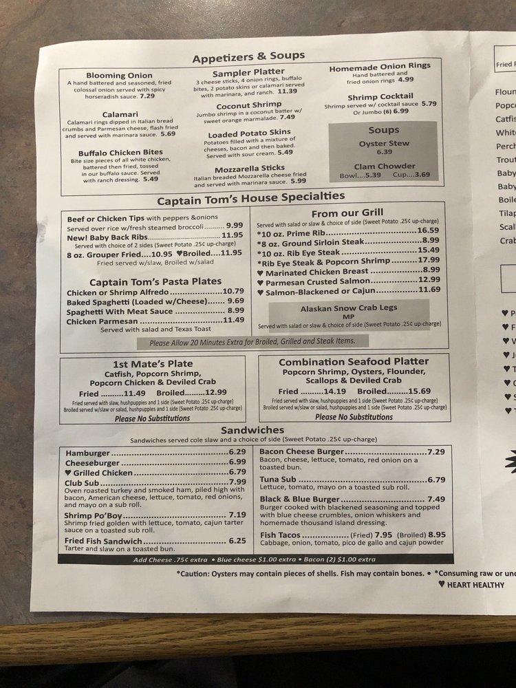 Menu at Captain Tom's Seafood restaurant, Martinsville
