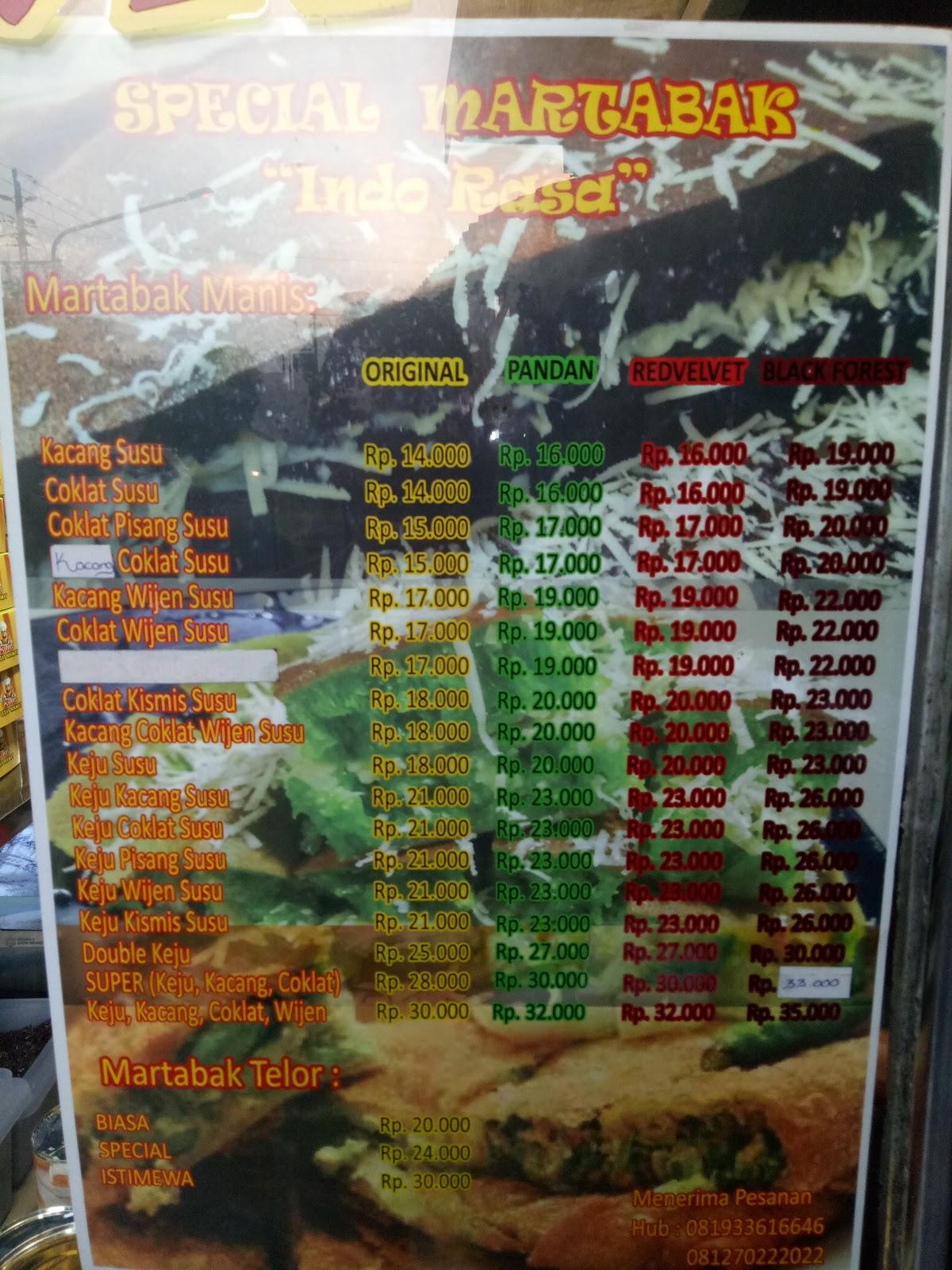 Menu at Martabak Indo Rasa Sorogenen restaurant, Yogyakarta