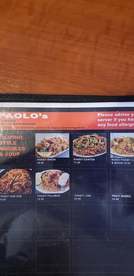 Menu at Paolo's Authentic Filipino Restaurant, Calgary