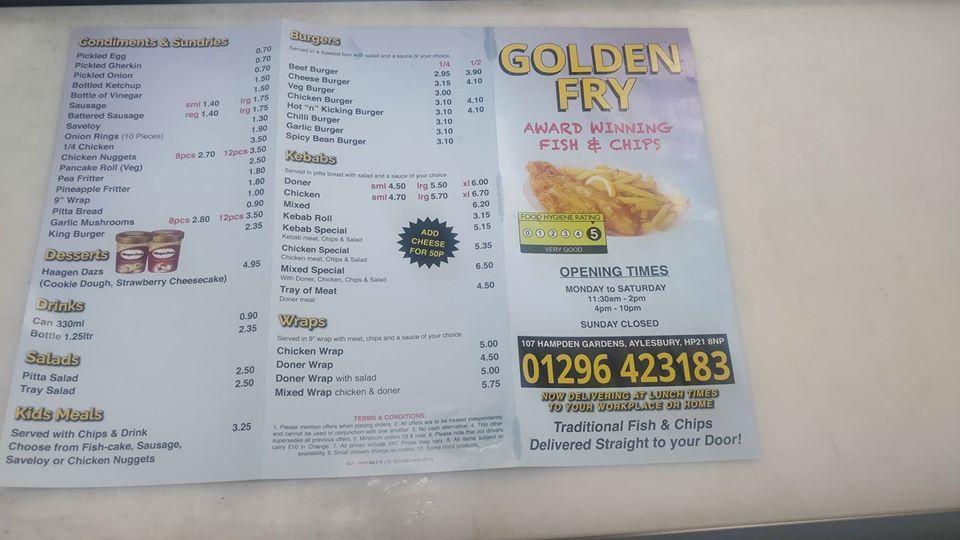 Menu at Golden Fry fast food, Aylesbury