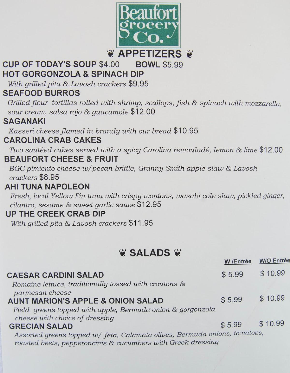 Menu at Beaufort Grocery restaurant, Beaufort, 117 Queen St