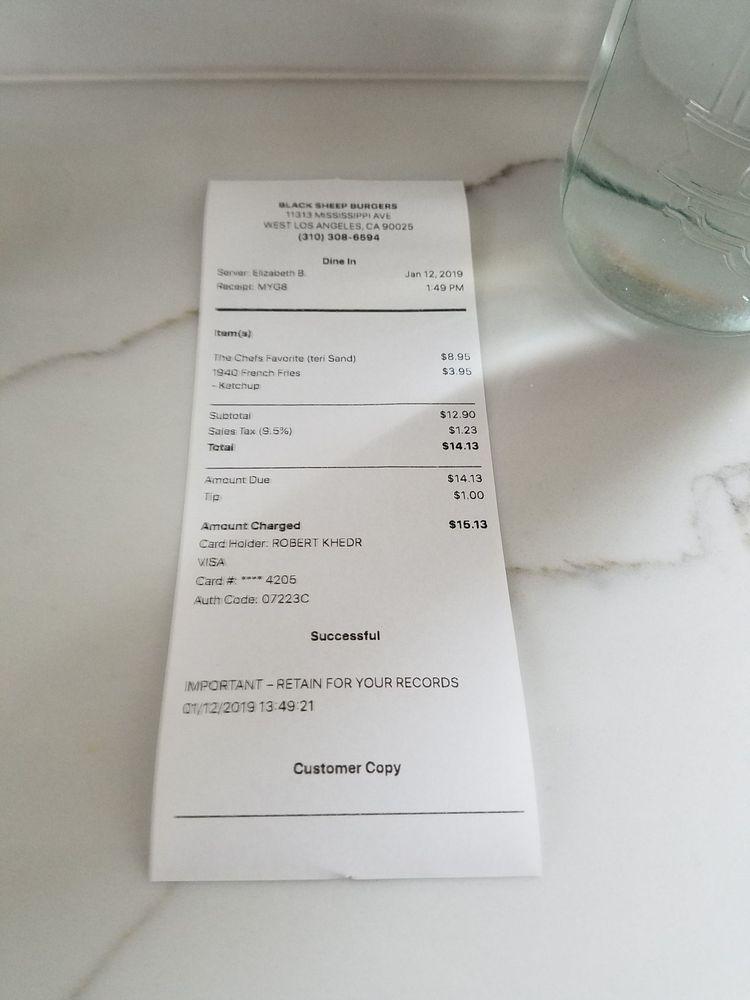 Menu at Black Sheep Burgers restaurant, Los Angeles