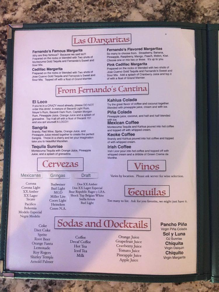 Menu at Fernando's Méxican Restaurant, San Mateo