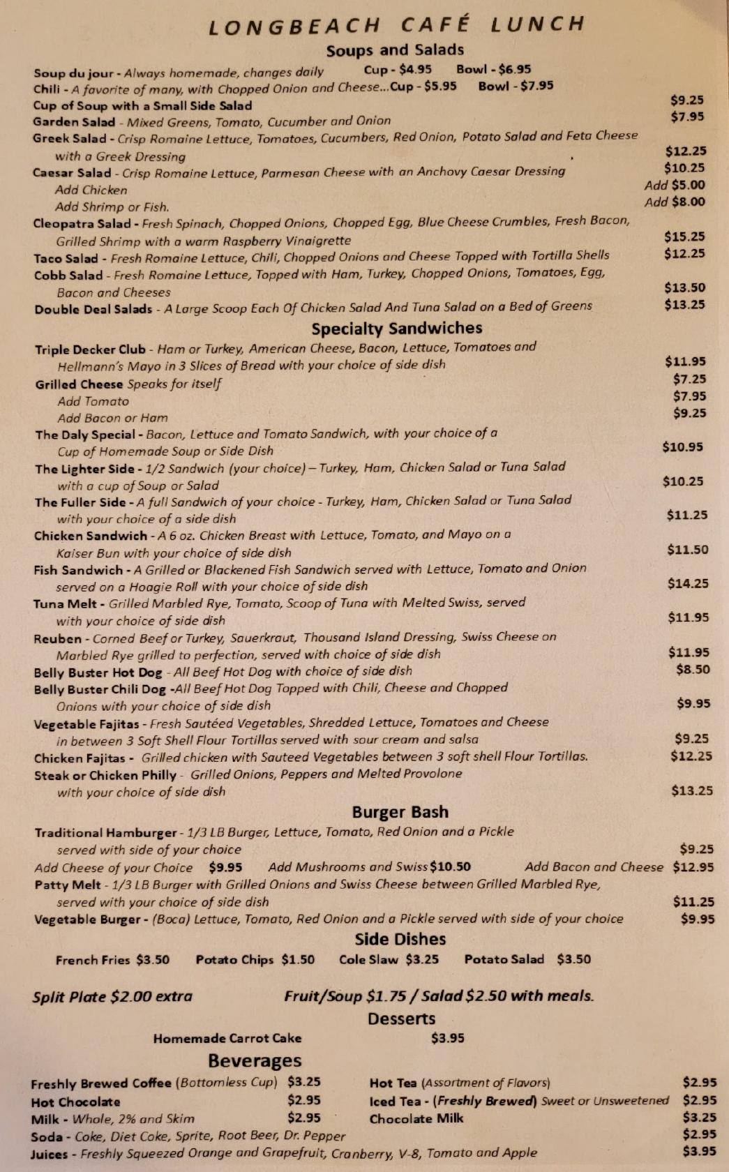 Menu at Longbeach Cafe, Longboat Key
