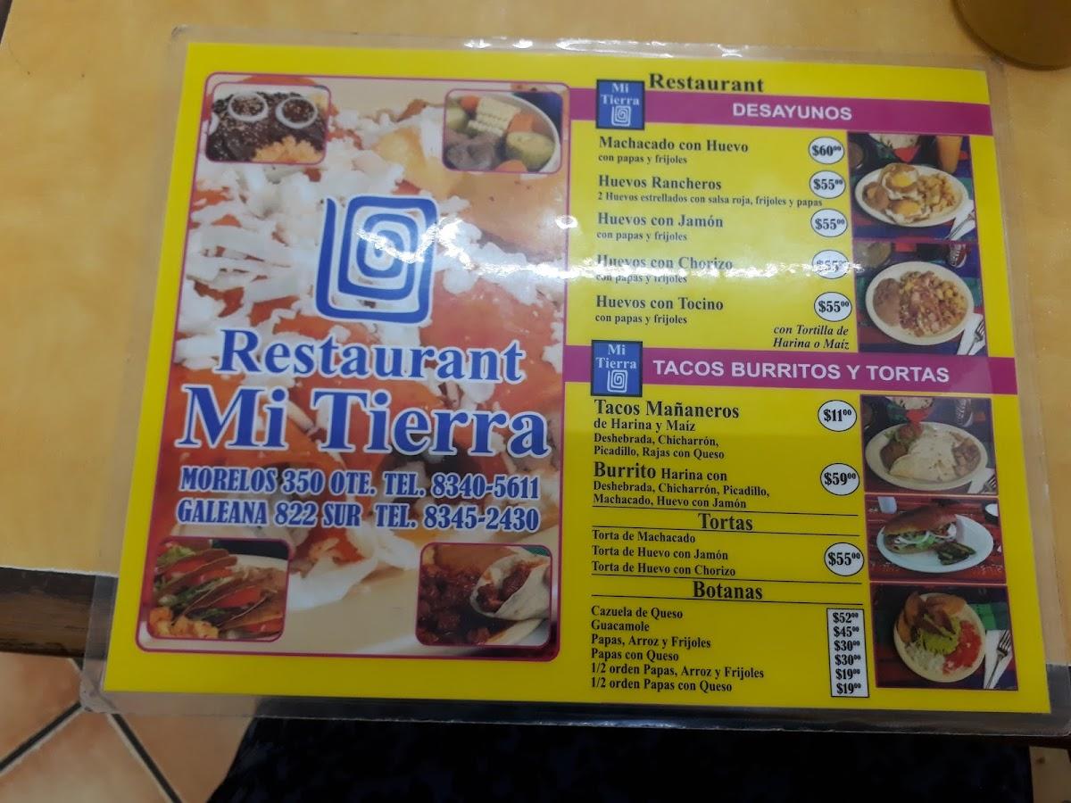Carta de Mi Tierra Restaurante, Monterrey, México