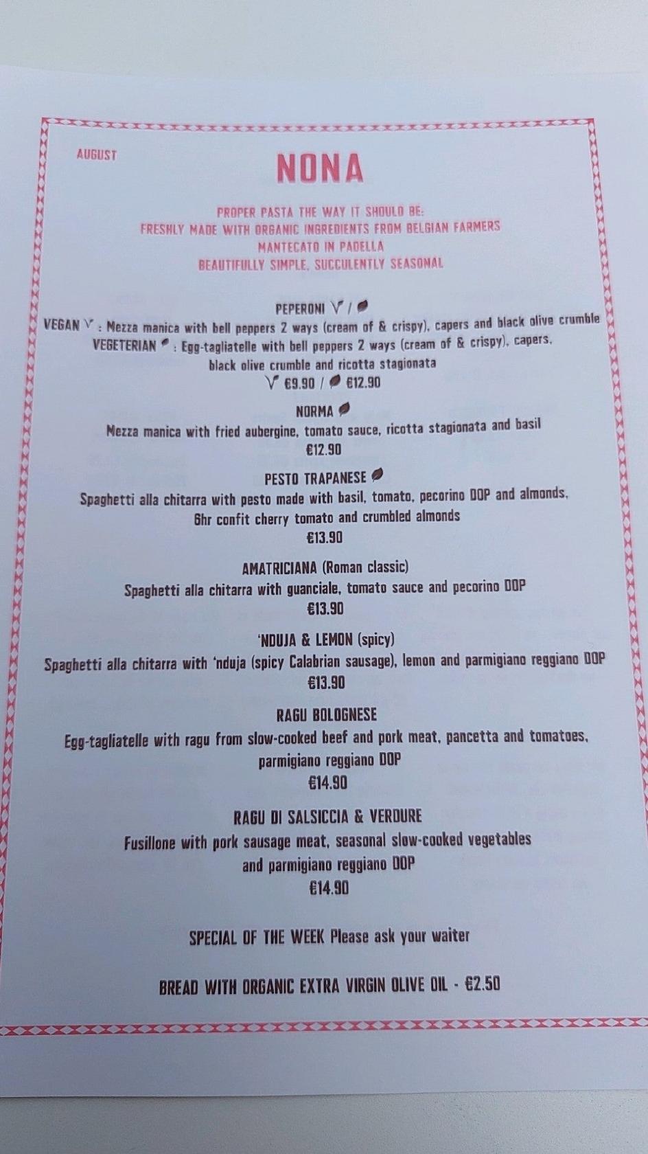 Menu au NONA PASTA St-Catherine, Bruxelles, Rue Sainte-Catherine 7