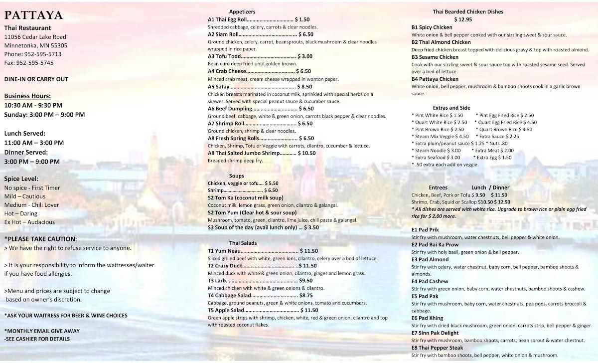 Menu at Pattaya Thai Restaurant, Minnetonka