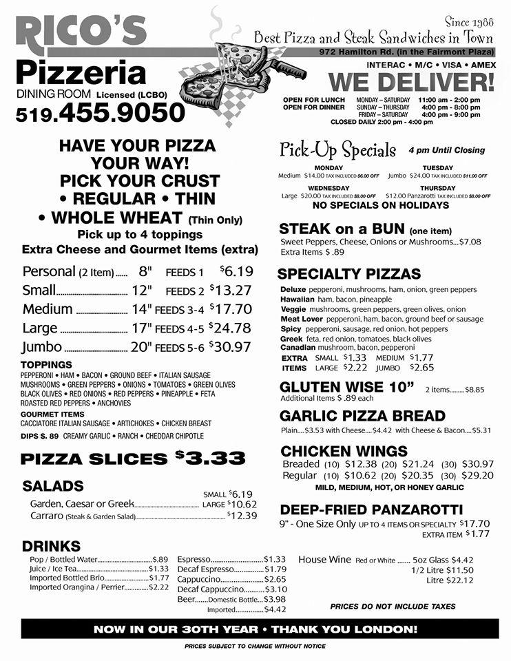 Menu at Rico's Pizzeria, London, 972 Hamilton Rd