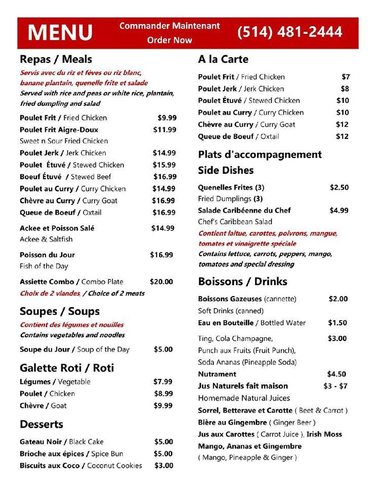 Menu at Caribbean Food Factory restaurant, Montréal