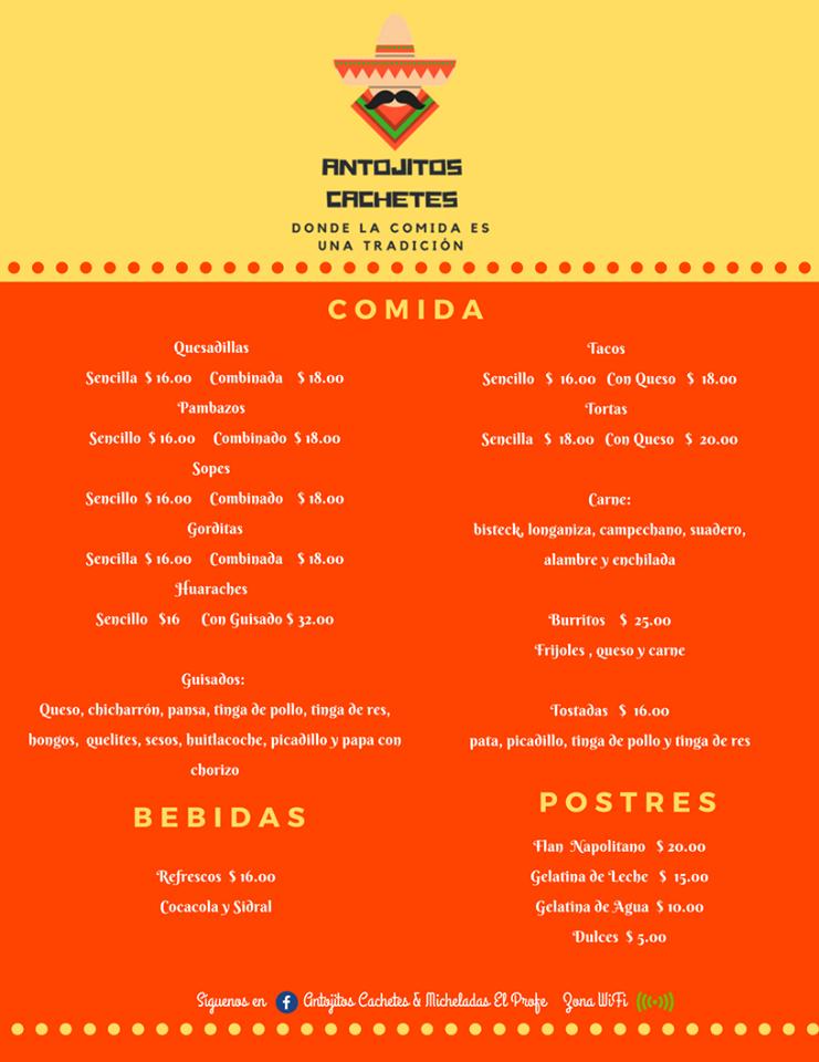 Menu at Antojitos Cachetes & Micheladas El Profe pub & bar, Mexico City
