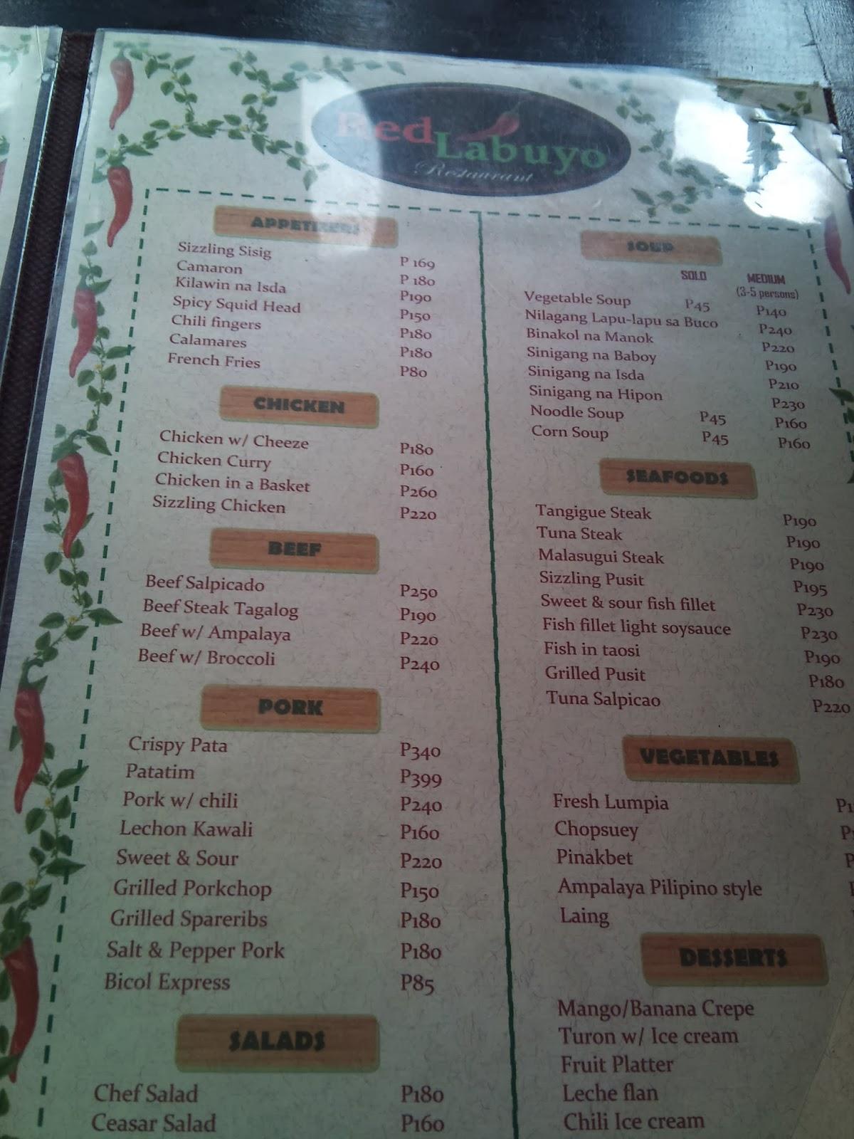 Menu at Red Labuyo Restaurant, Daraga, 5P26+4V6