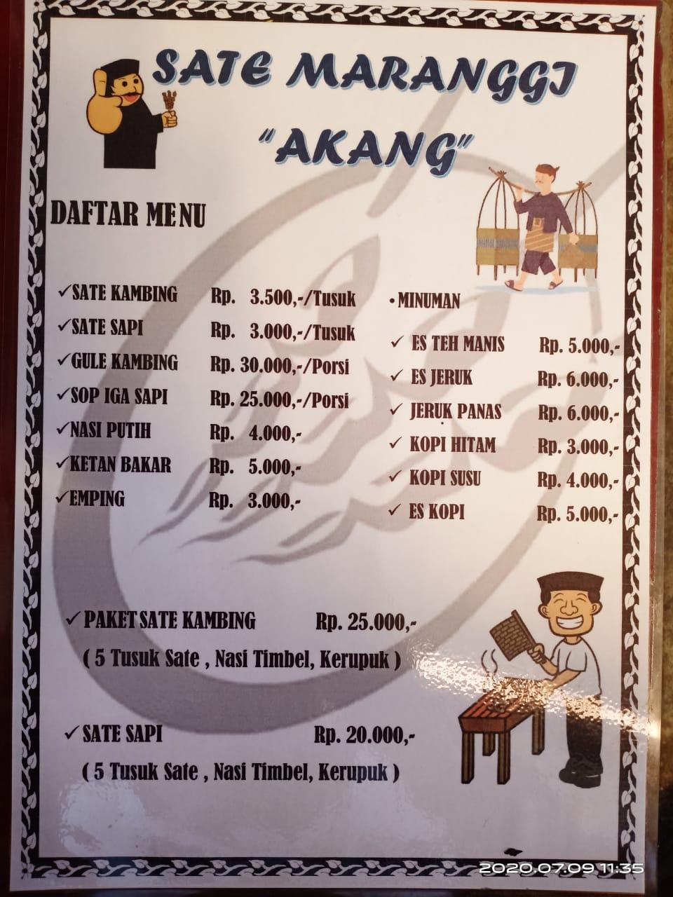 Menu at Sate Maranggi AKANG Khas Purwakarta restaurant, Tasikmalaya
