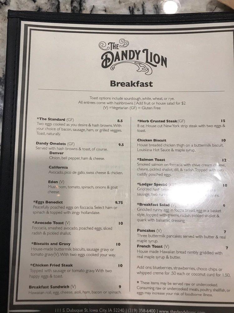 Carta del restaurante The Dandy Lion, Iowa City