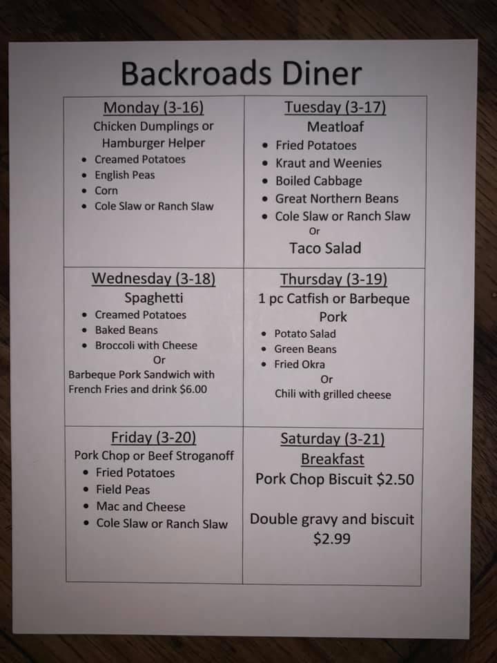 Menu at Backroads Diner BBQ, Arab