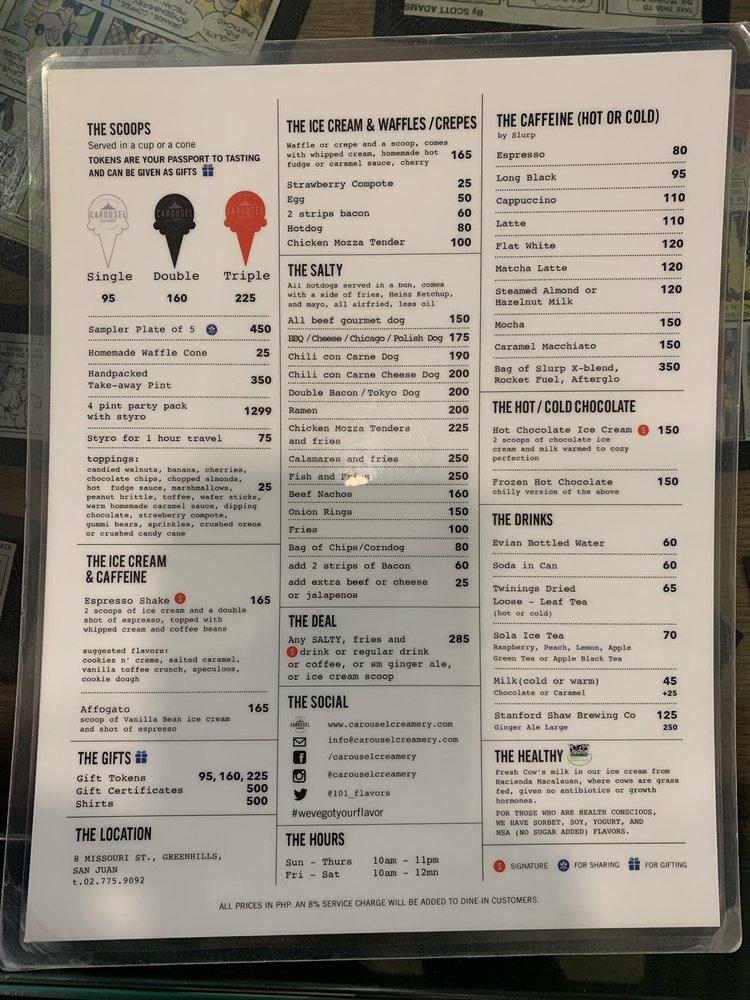 Menu at Carousel Creamery desserts, San Juan