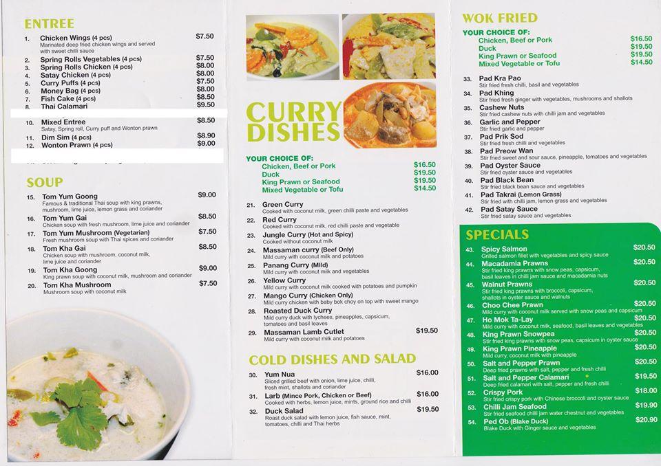 Menu at Bega Thai Restaurant, Bega