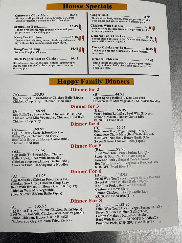 Menu at Kung Fu Chinese Restaurant, St. John's