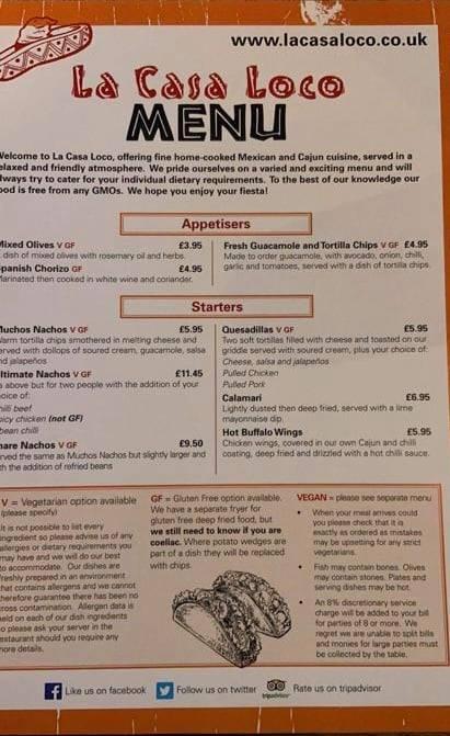 Menu at La Casa Loco restaurant, Rugby