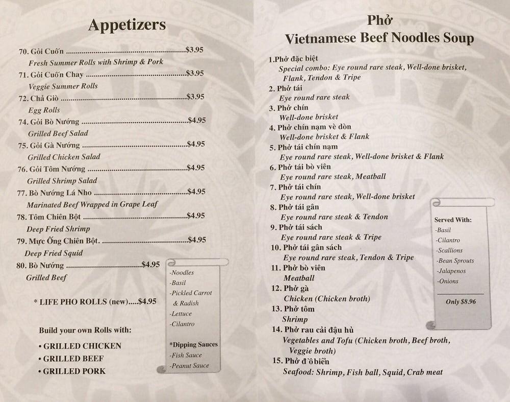 Menu at Life Pho restaurant, Severna Park